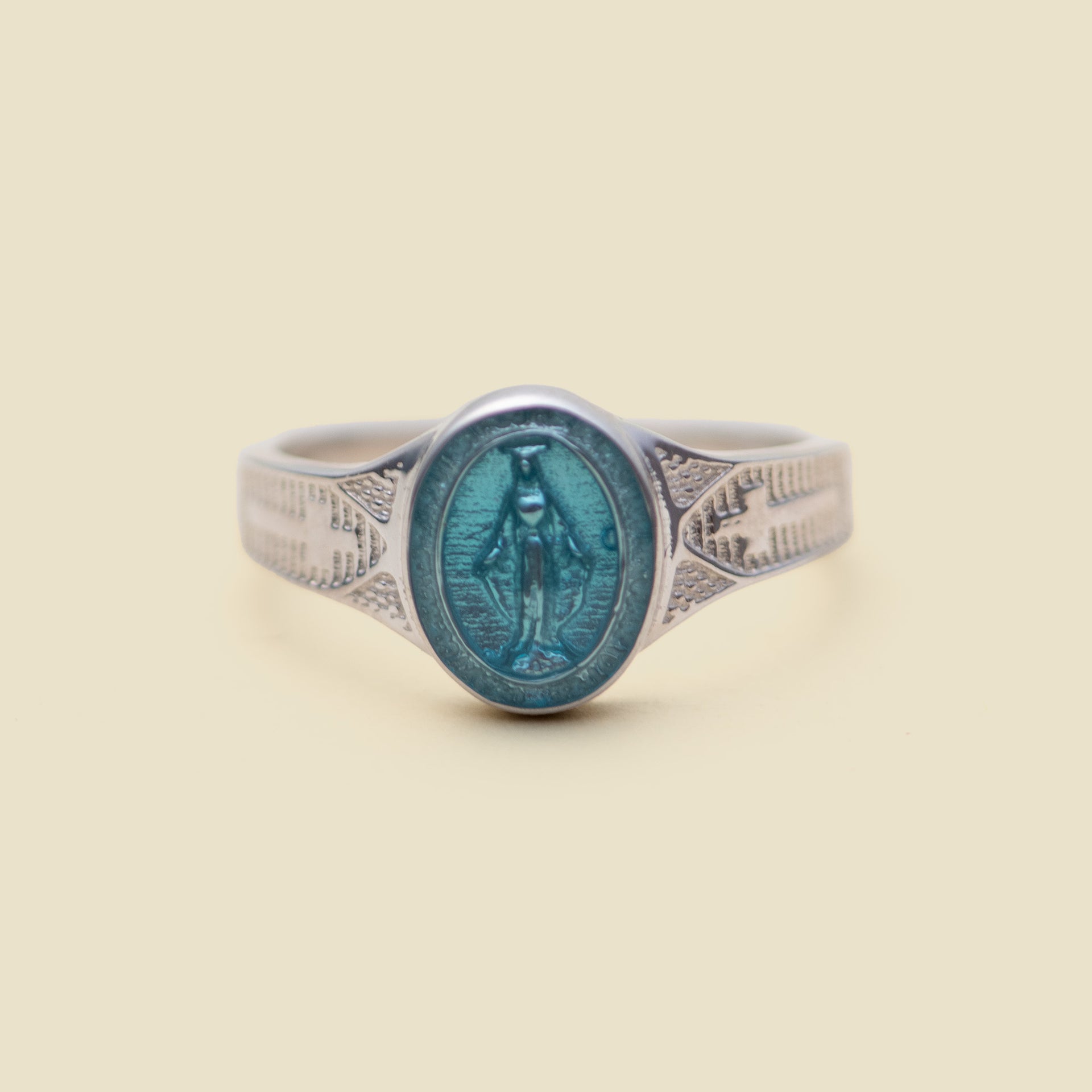 Large Sterling Silver Miraculous Medal Ring with Blue Accent ...