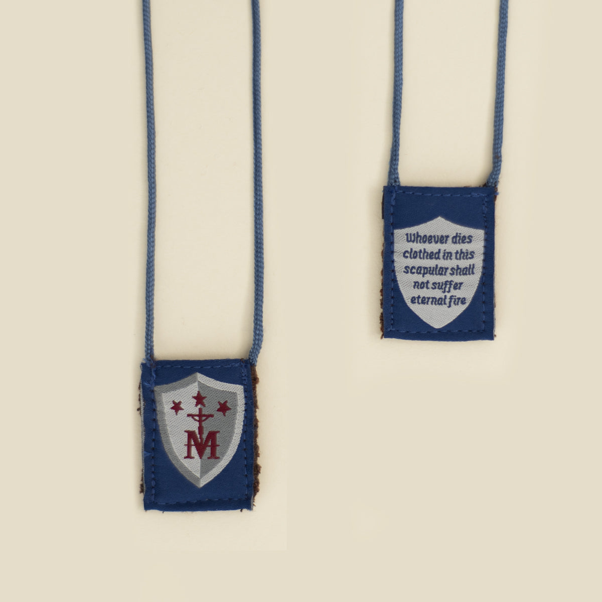 Premium Brown Scapular, Blue & White, Shield (Kids’ Size) – scapulars.com®
